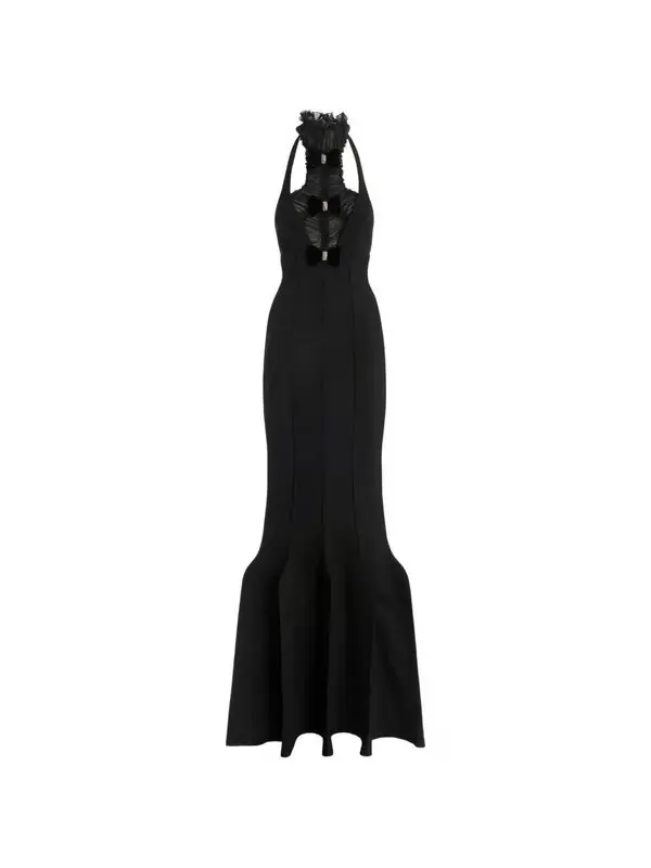 GENNY Bow-embellished Ruffled-collar Maxi Gown Dress