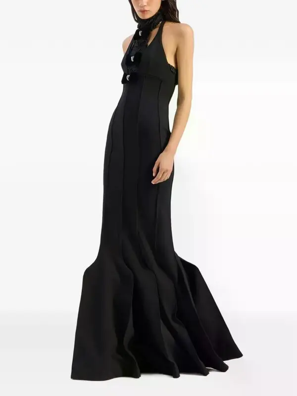 GENNY Bow-embellished Ruffled-collar Maxi Gown Dress