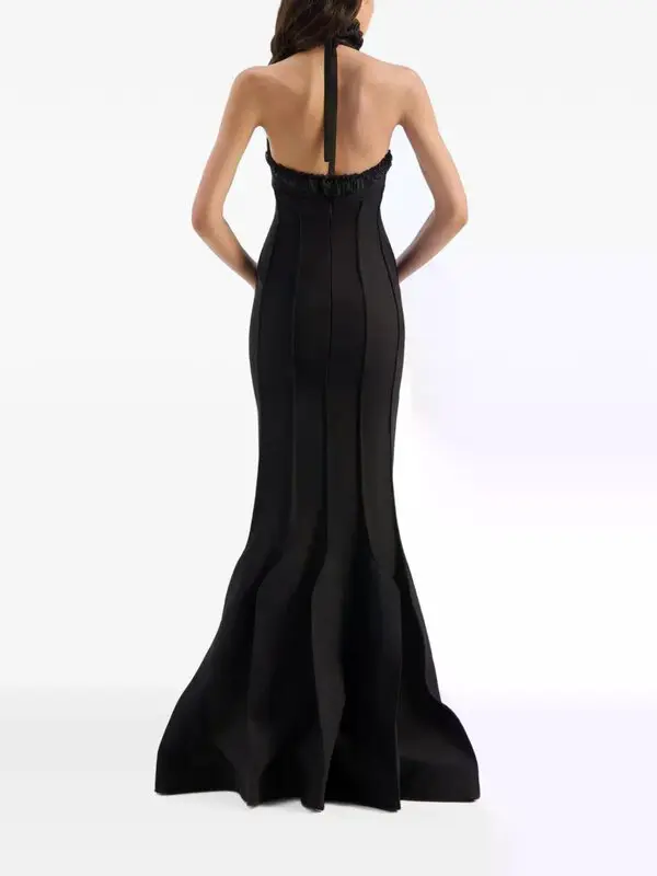 GENNY Bow-embellished Ruffled-collar Maxi Gown Dress