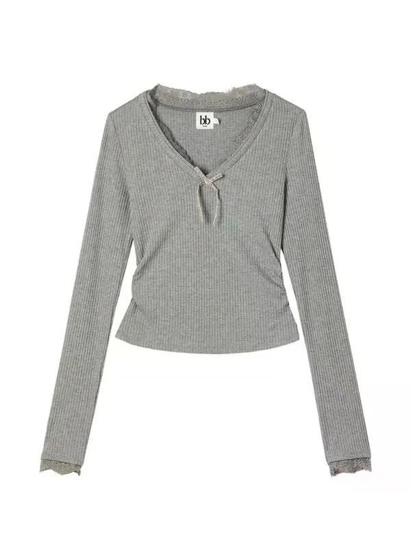 B+AB Lace-trim Ribbed Top - Grey