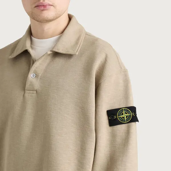 Stone Island Tubular Cotton Garment Dyed Polo Sweatshirt - Biscuit