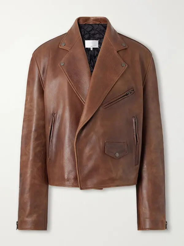 MAISON MARGIELA Cropped Distressed Full-grain Leather Biker Jacket - Brown