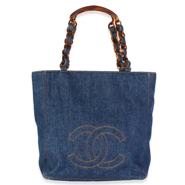 Chanel Vintage Navy Denim Tortoiseshell Cc Shopper Tote - Blue