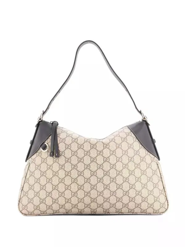 Gucci Emblem Gg Coated Canvas With Leather Large Shoulder Bag - Black