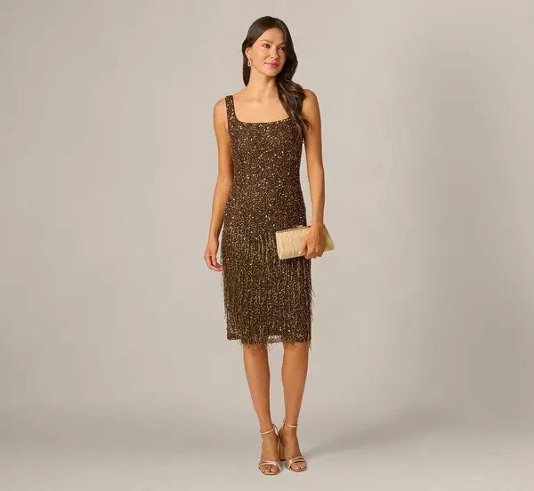 Adrianna Papell Square Neck Sequin Beaded Fringe Cocktail Dress - Chocolate