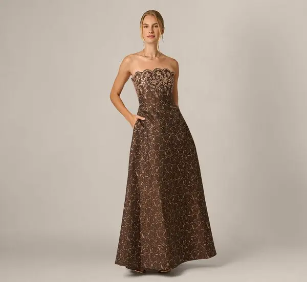Adrianna Papell Strapless Scalloped Beaded Rose Jacquard Gown - Chocolate