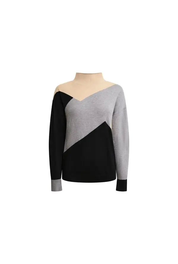 JAMES LAKELAND Geometric Colour-block High-neck Jumper - Beige/black/gray