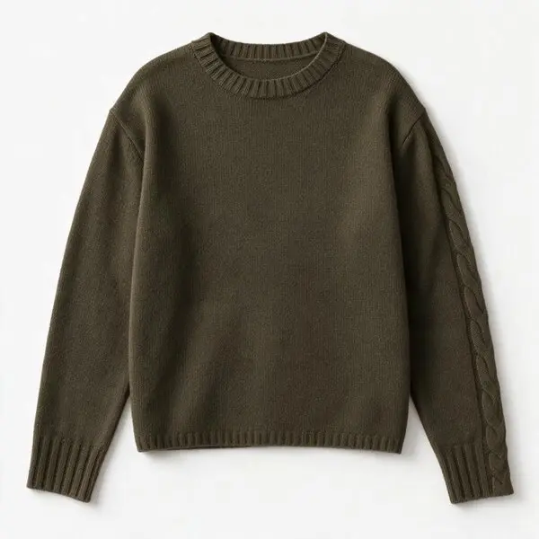 BRODIE CASHMERE Cable Sleeve Crew Olive