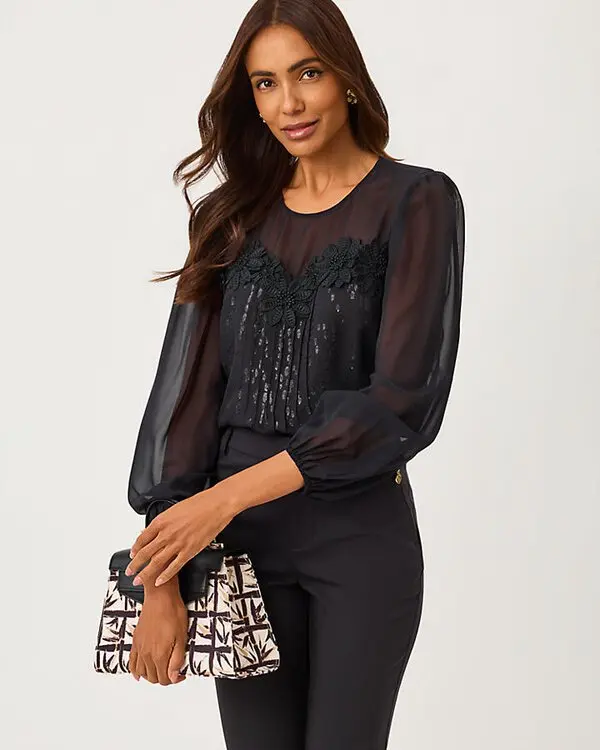 Lilly Pulitzer® Gail Silk Top In Straight Fit, Long Sleeves, Crewneck - Noir