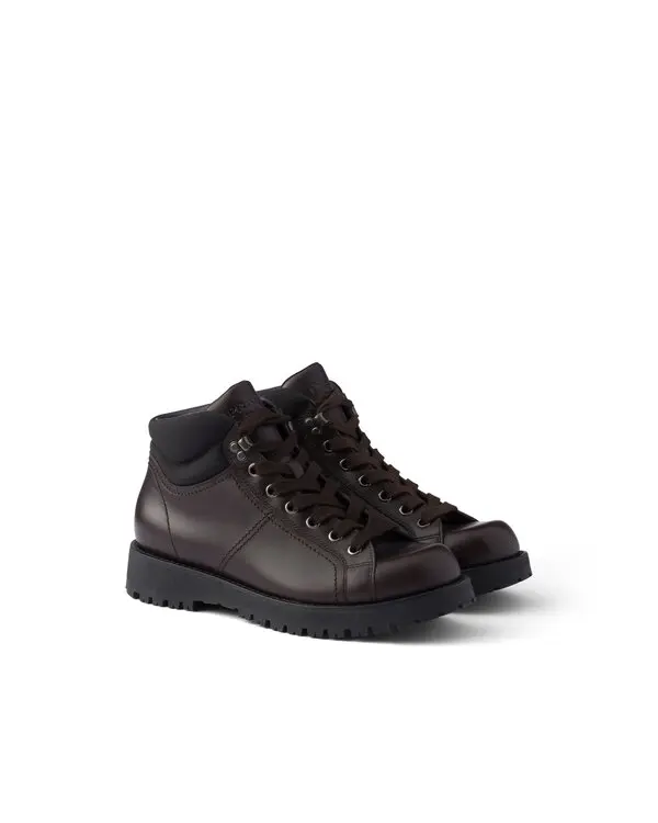Prada Lace-up Leather And Re-nylon Booties - Brown