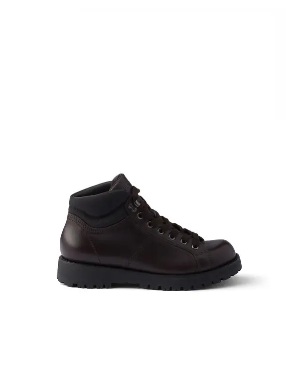 Prada Lace-up Leather And Re-nylon Booties