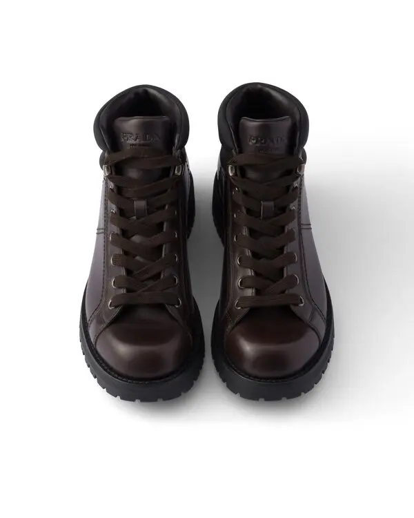 Prada Lace-up Leather And Re-nylon Booties