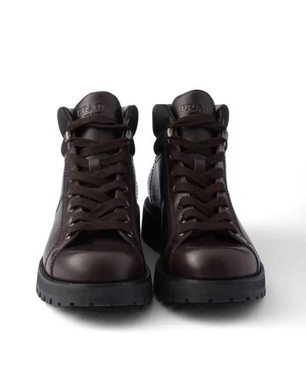 Prada Lace-up Leather And Re-nylon Booties