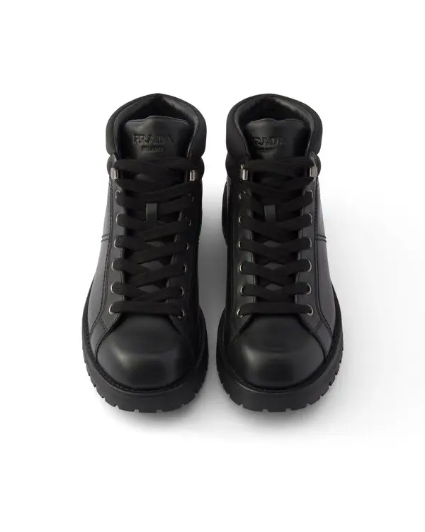 Prada Lace-up Leather And Re-nylon Booties