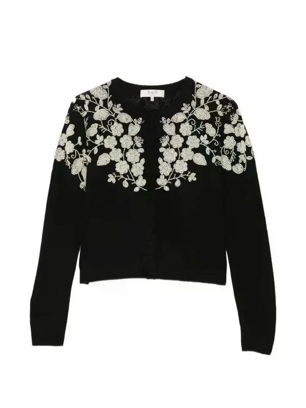 Sea Bead-embellished Floral Cardigan - Black