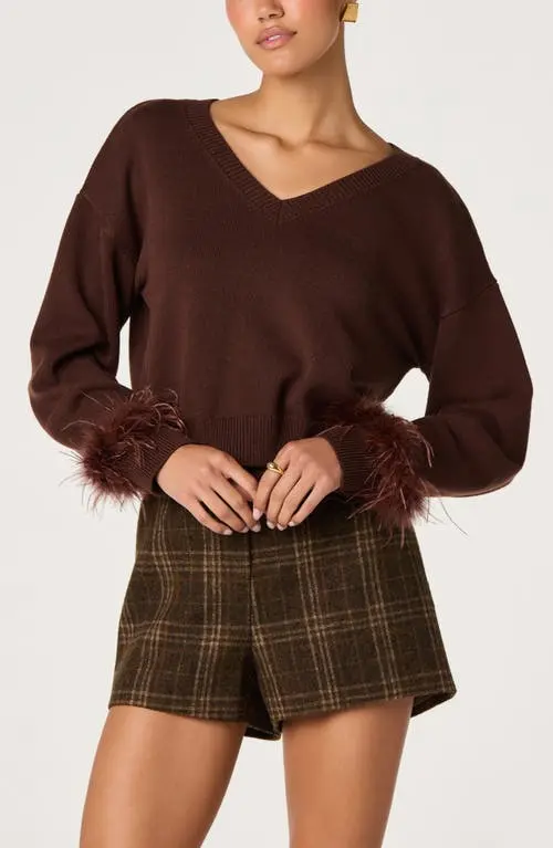 Astr The Label Perdita Feather Trim V-neck Sweater - Brown