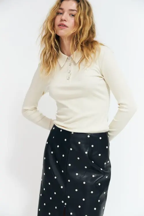 CRAS Ivone Ribbed Knit Polo Top - 1013