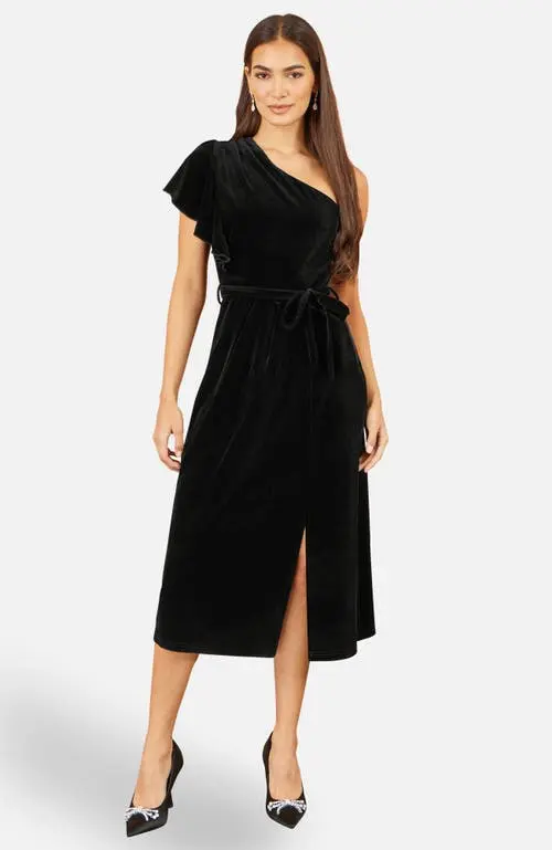 YUMI Velvet One Shoulder Midi Dress
