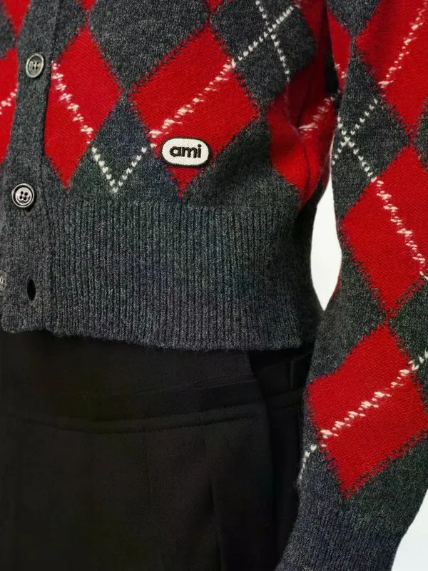 AMI Paris Wool Cardigan In Red Argyle