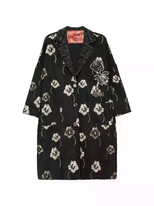 5 PROGRESS Floral-jacquard Bouclé-panel Coat - Black