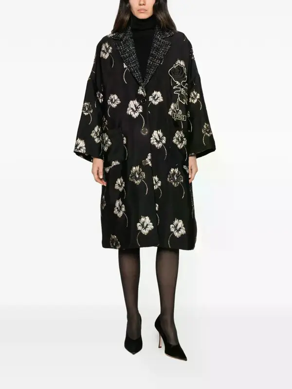 5 PROGRESS Floral-jacquard Bouclé-panel Coat