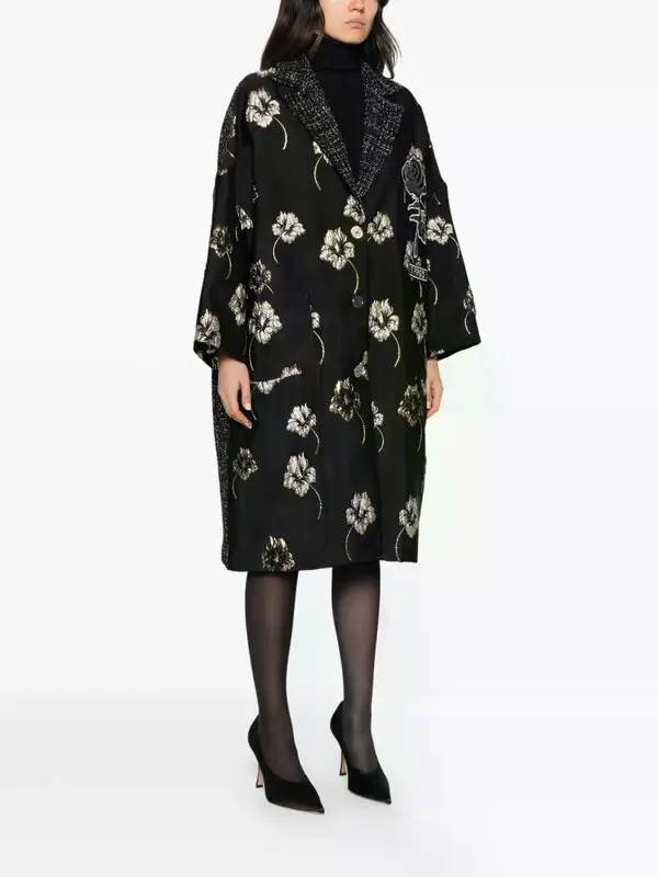 5 PROGRESS Floral-jacquard Bouclé-panel Coat
