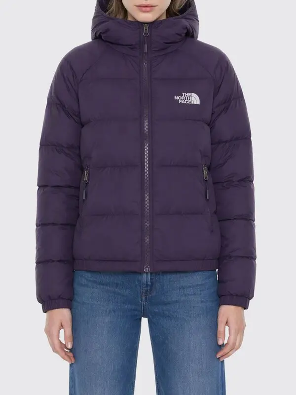 The North Face Short Quilted Nylon Hooded Down Jacket With Contrast Logo - Violet