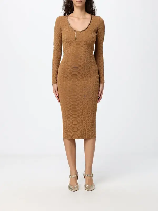 Elisabetta Franchi Slim Fit Jersey Midi Sheath Dress With Long Sleeves