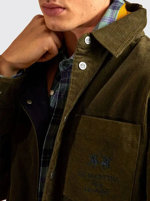 LA MARTINA Velvet Shirt Jacket With Patch Pockets And Embroidered Logo