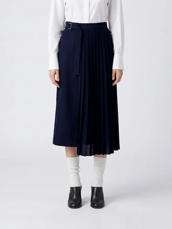 Sacai High-waisted Pleated Wrap Midi Skirt In Wool With Side Buckle - Blue