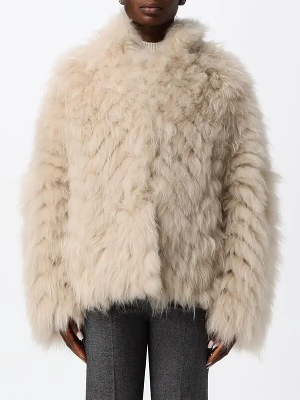 Simonette Ravizza Falk V-neck Short Jacket In Goat Fur - Biscuit