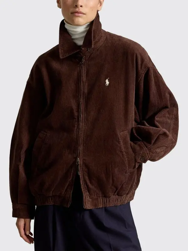 Polo Ralph Lauren Velvet Bomber Jacket With High Neck And Pony Logo Embroidery - Brown