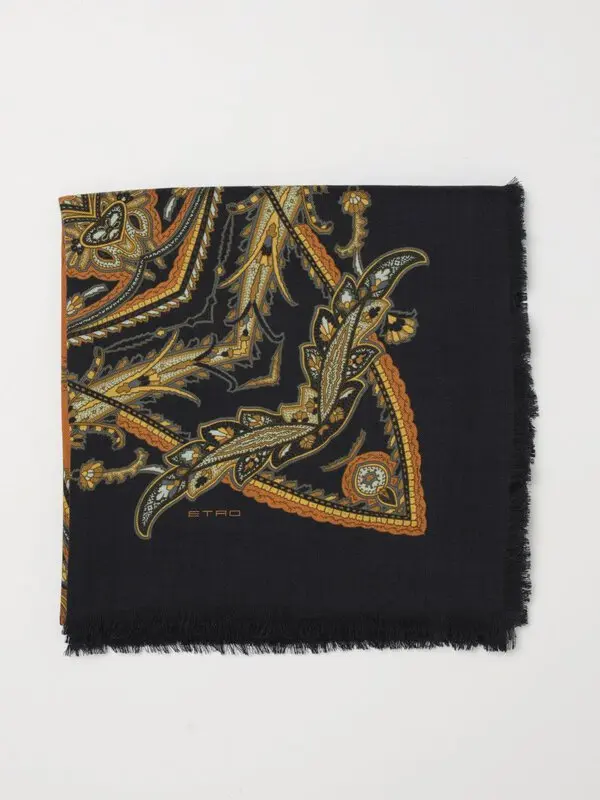 Etro Stole In Wool And Silk With Paisley Print And Frayed Edges - Blue