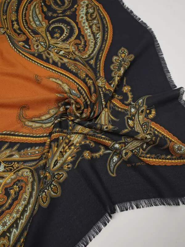 Etro Stole In Wool And Silk With Paisley Print And Frayed Edges