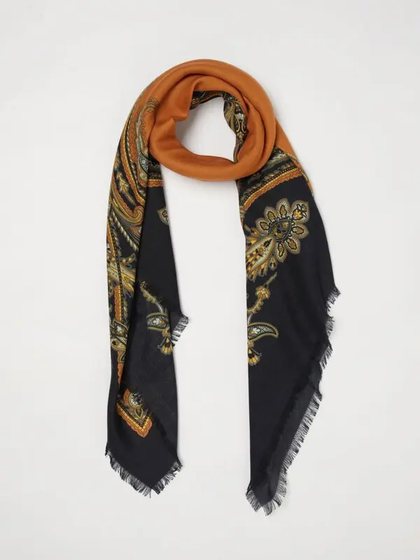 Etro Stole In Wool And Silk With Paisley Print And Frayed Edges