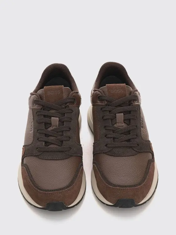 BOSS Vinston Runner Low Top Leather And Suede Sneakers With Mesh Lining