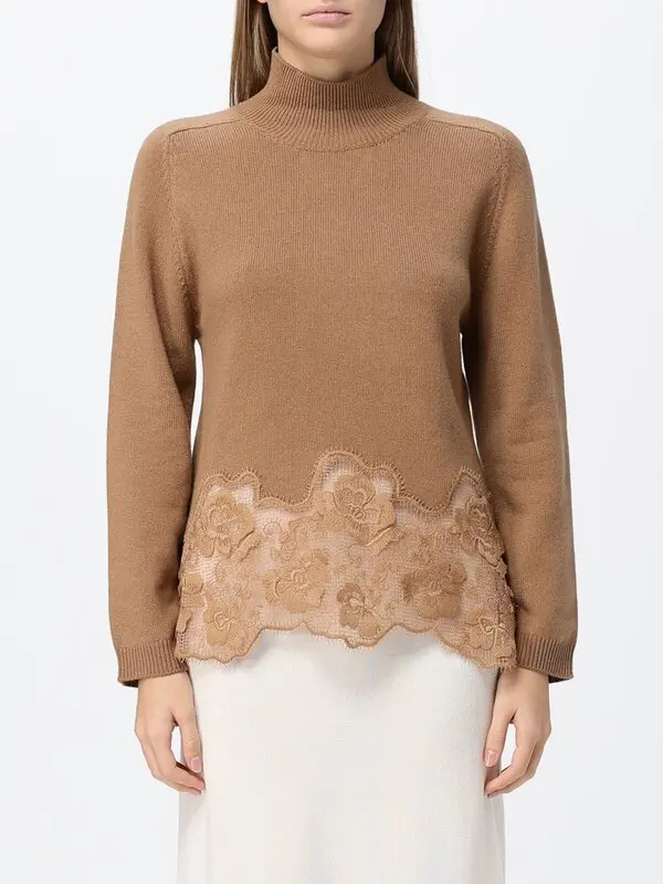 Fabiana Filippi Virgin Wool, Silk And Cashmere Jumper With Lace Inserts - Camel
