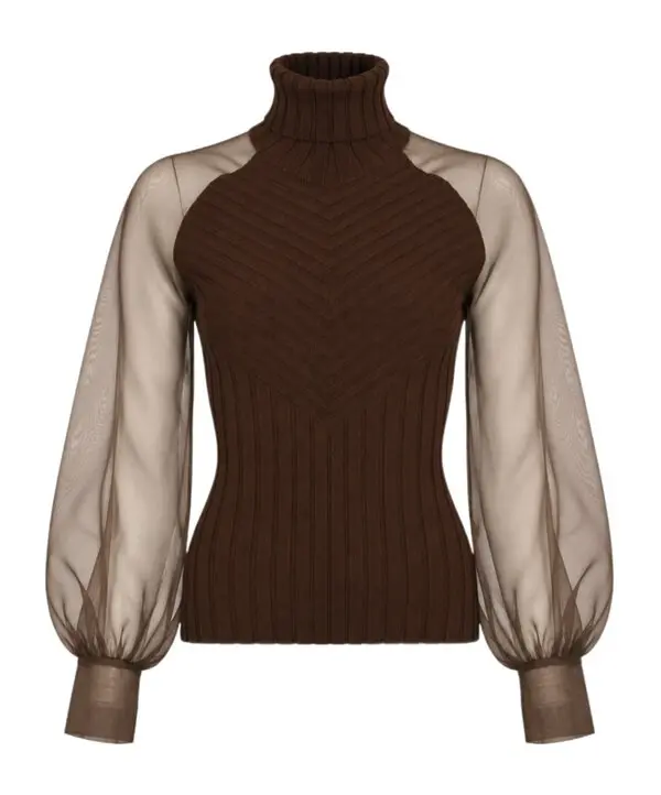 D.exterior Sheer-sleeve Turtleneck Knitted Sweater