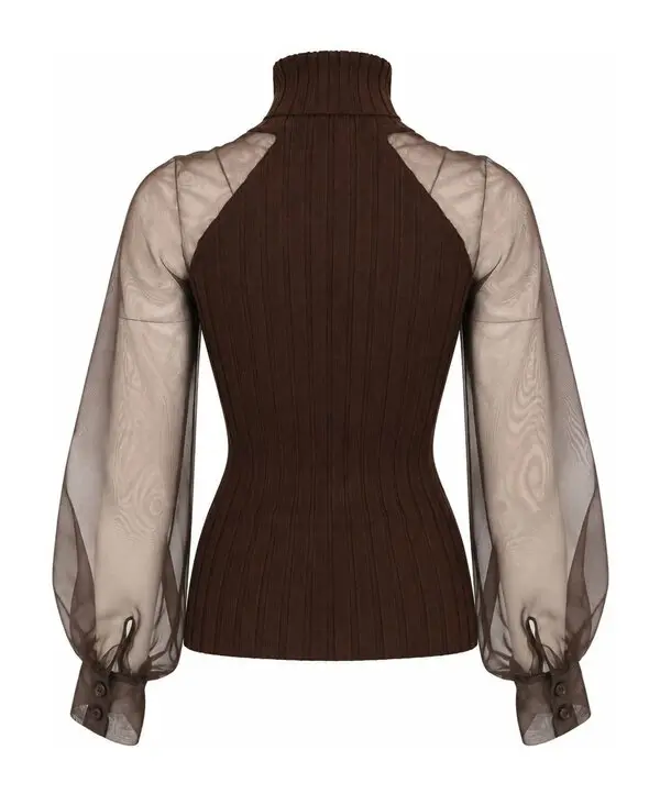 D.exterior Sheer-sleeve Turtleneck Knitted Sweater