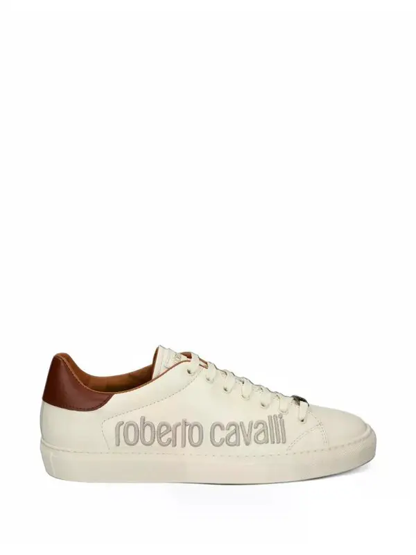 Roberto Cavalli Logo-embroidered Leather Sneakers - Neutrals