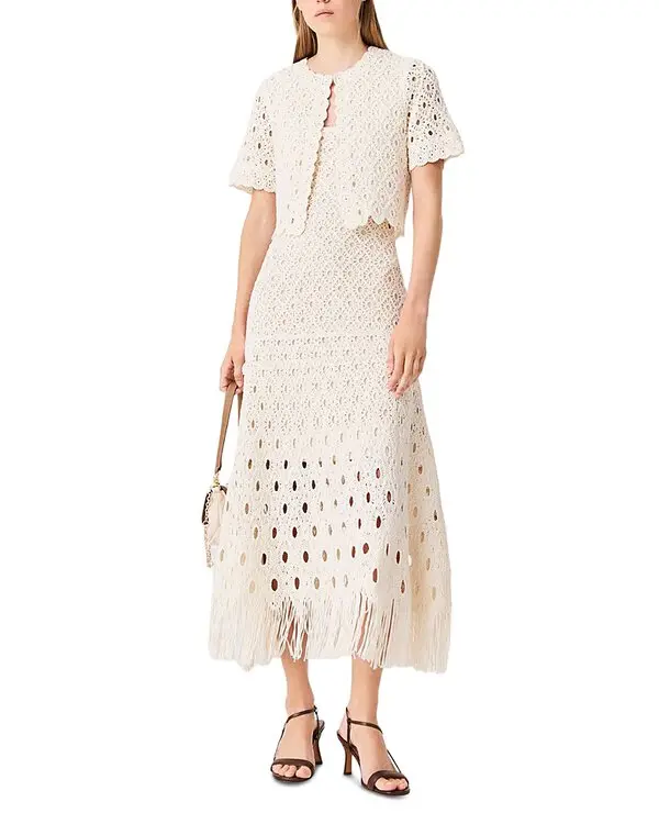 Maje Fringed Crochet Crewneck Cardigan - Ecru