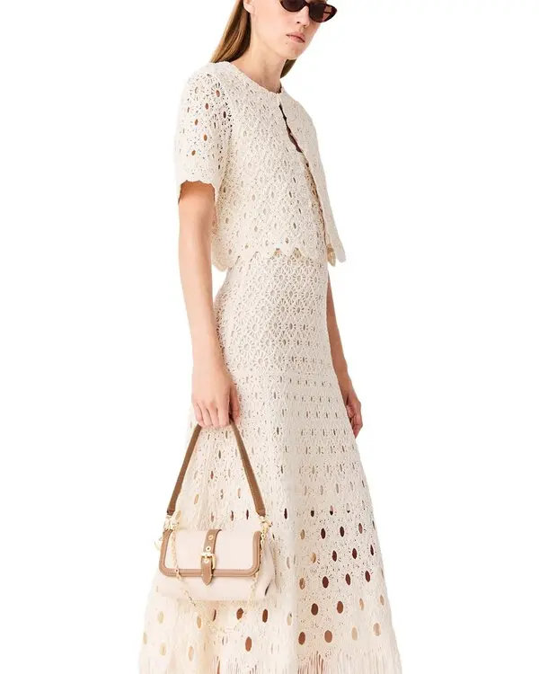 Maje Fringed Crochet Crewneck Cardigan