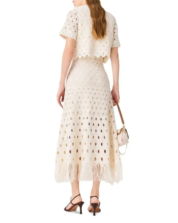 Maje Fringed Crochet Crewneck Cardigan