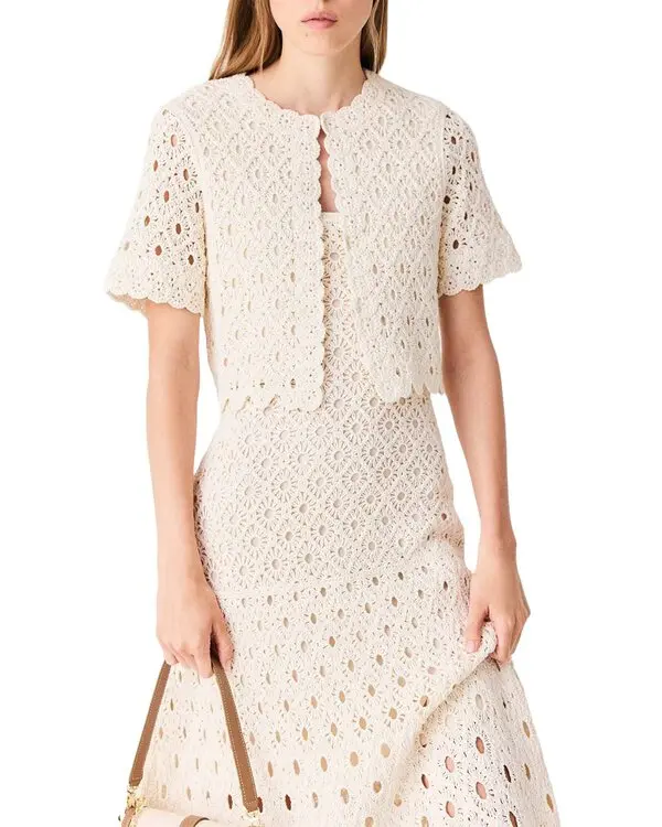 Maje Fringed Crochet Crewneck Cardigan