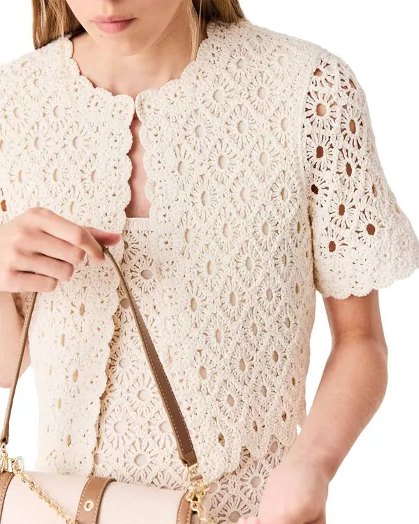 Maje Fringed Crochet Crewneck Cardigan
