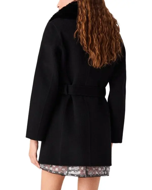 Maje Wool Blend Faux Fur Trim Belted Coat