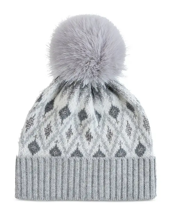 Sofia Cashmere Fair Isle & Pom Pom Knit Hat - Grey
