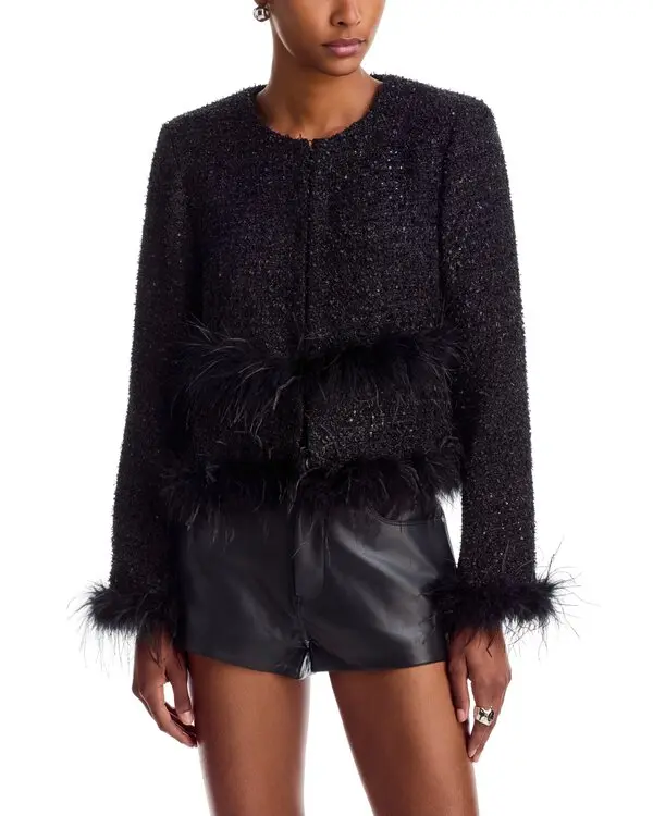 Aqua Sequinned Tweed Feather Trim Jacket Exclusive