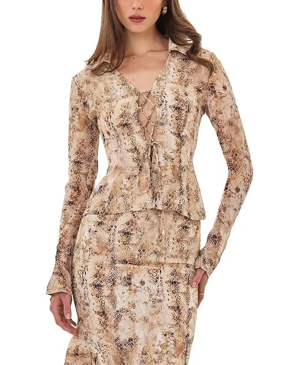 MISS CIRCLE NEW YORK Umara Reptile Print Chiffon Tie-front Top - Tan