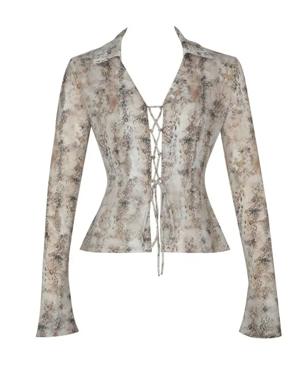 MISS CIRCLE NEW YORK Umara Reptile Print Chiffon Tie-front Top